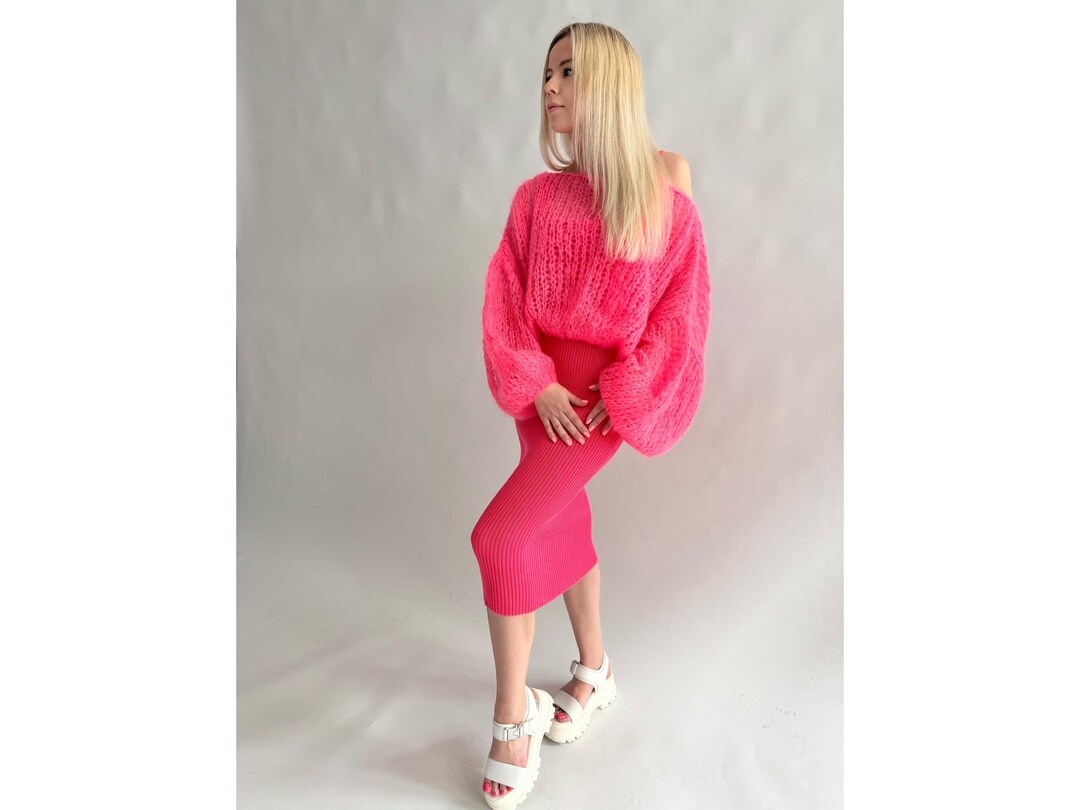 Hot Pink Knitted Set, Cotton Bodycon Midi Dress & Sheer Mohair Sweater ...