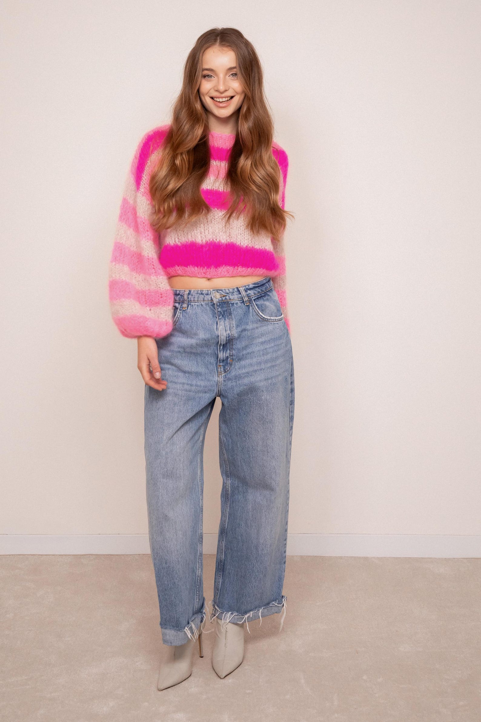 Handknit Striped Mohair Sweater – Fluffy Cropped Pullover With Balloon ...