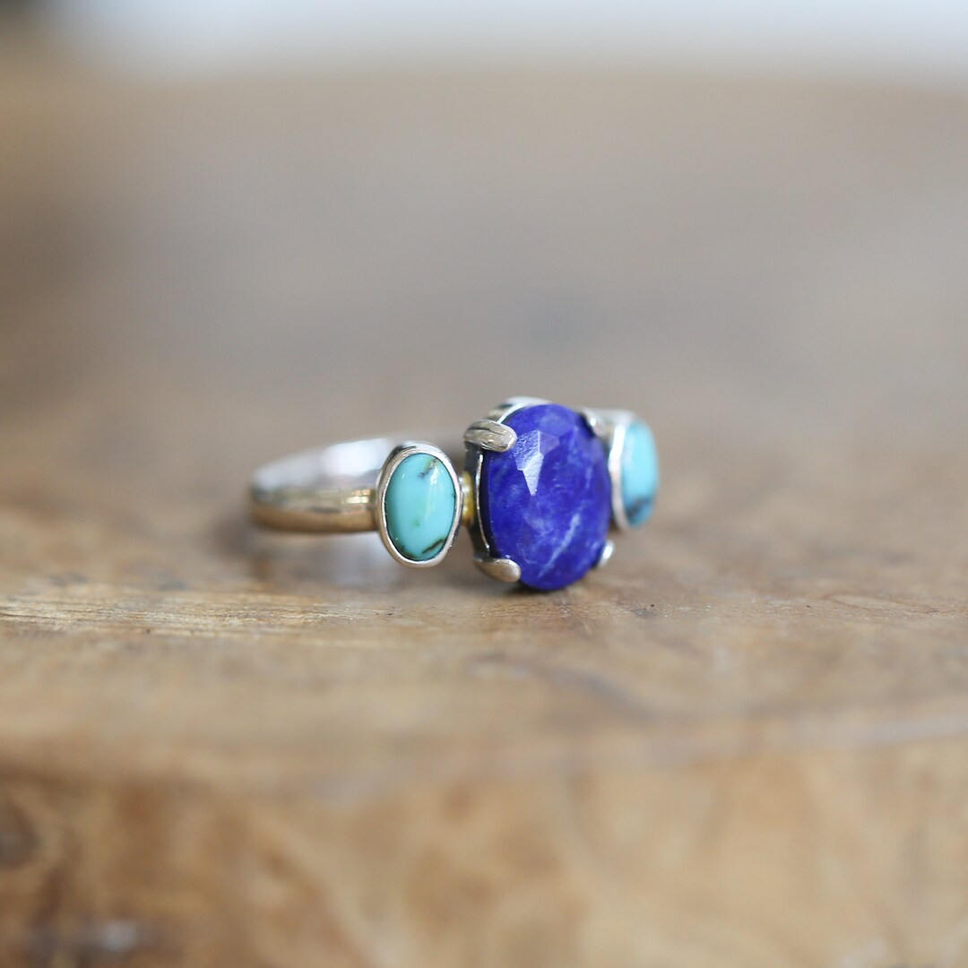 Tri-stone Ring - Blue Lapis Ring - Turquoise Ring - Turquoise and Lapis ...