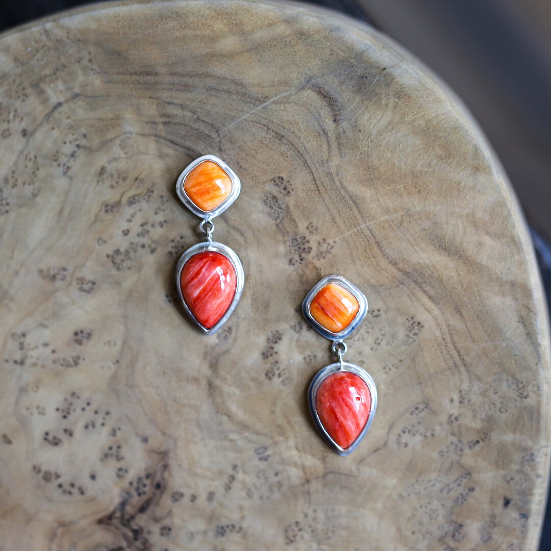 Spiny Oyster Post Drops - 4 Stone Spiny Oyster Earrings - Two-tone ...