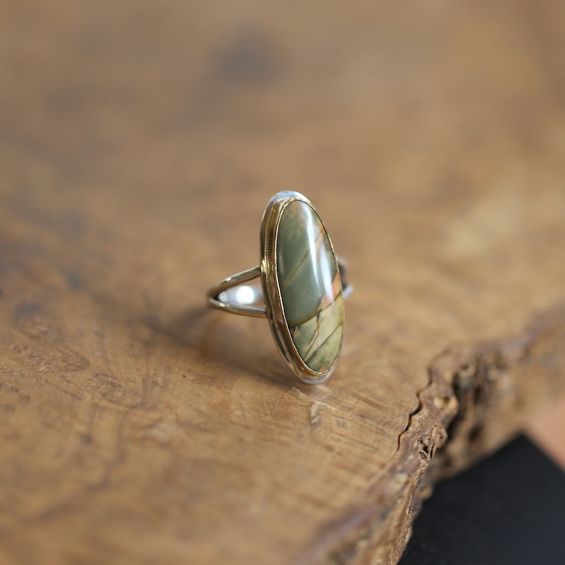 Custom Red Creek Jasper Ring - 18K Solid Gold Bezel - Sterling Silver ...