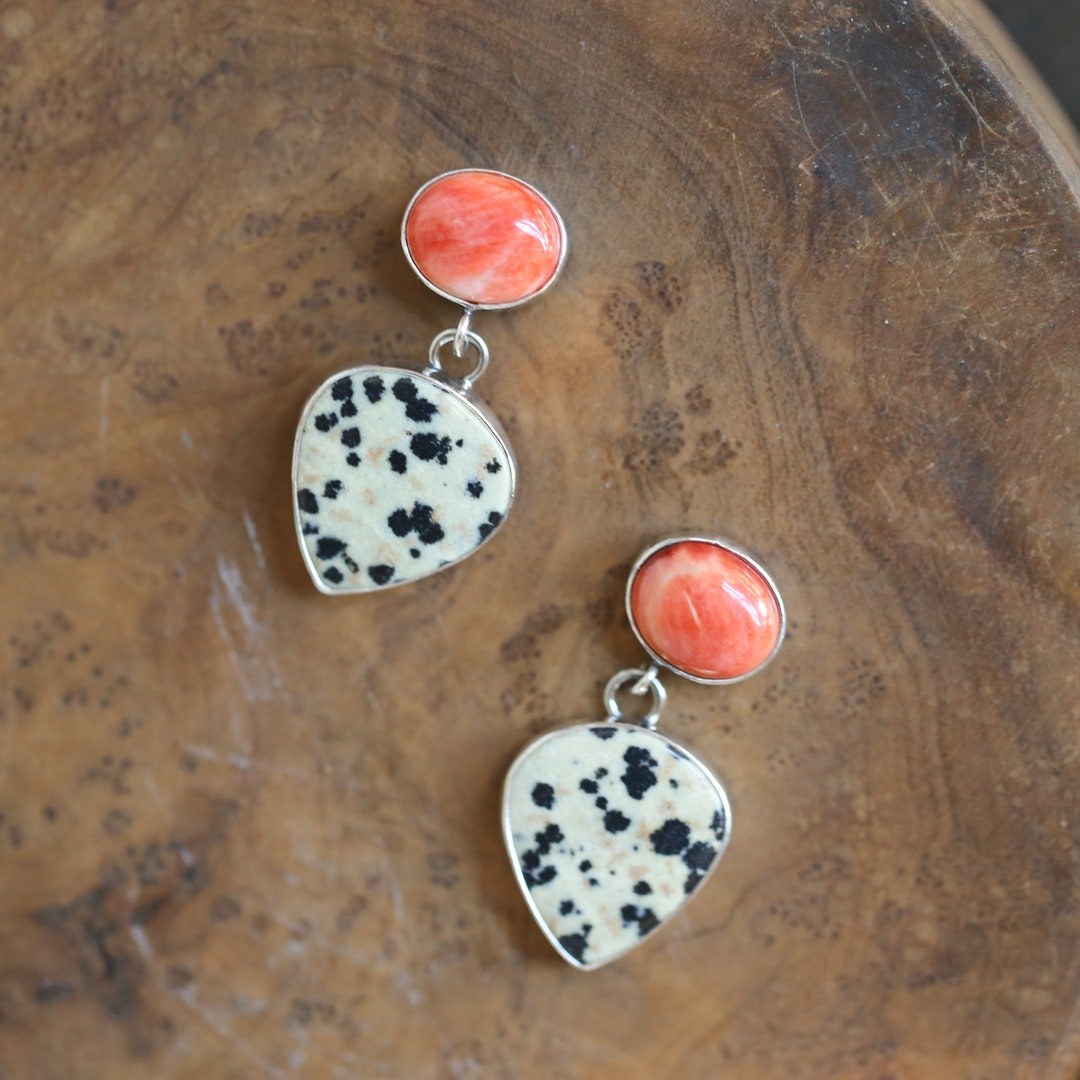 Spiny Oyster Earrings Spiny Oyster Post Drops Dalmation Jasper Earrings ...