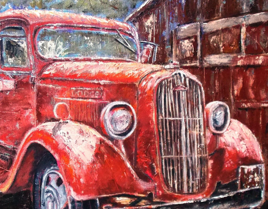 Red Car, Dodge, Retro Car, Oil Painting, Original Painting, Painting on ...