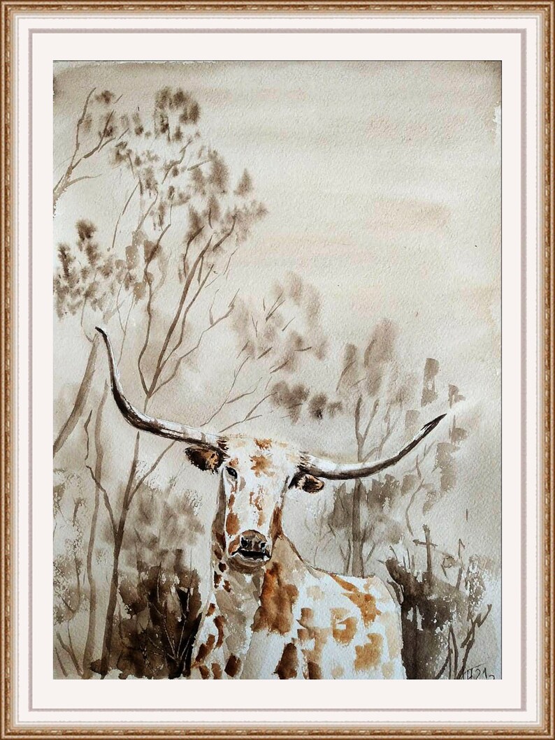 Texas Longhorn, Monochrome Painting, Watercolor Brids 12" X 16" - Etsy
