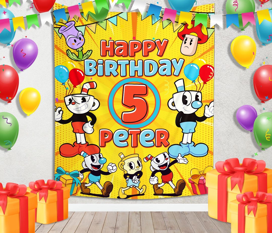 Cuphead Birthday Banner, Cuphead Game Birthday Custom Backdrop, Kids ...