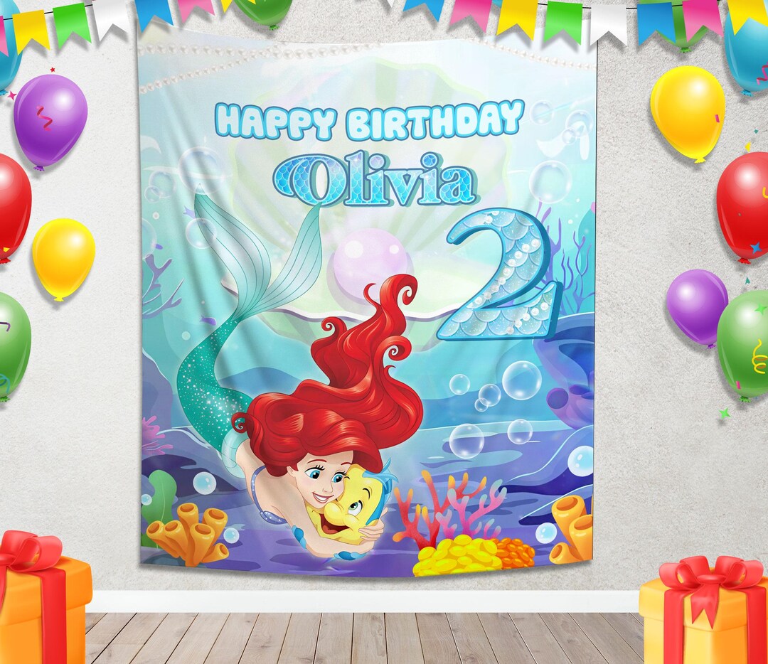 Ariel Mermaid Birthday Banner, the Little Mermaid Party Backdrop, Ariel ...