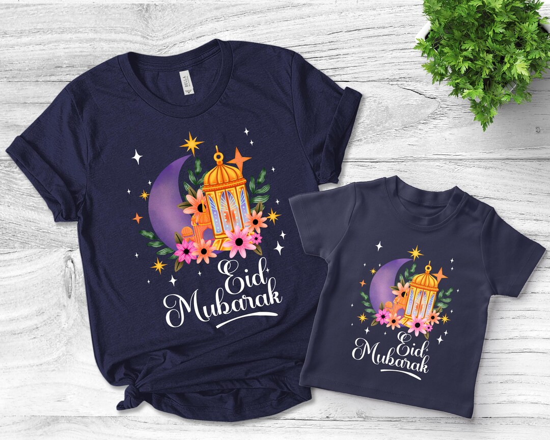 Eid Mubarak Moon With Masjid Solid T-shirt, Family Eid Shirt, Eid Al ...