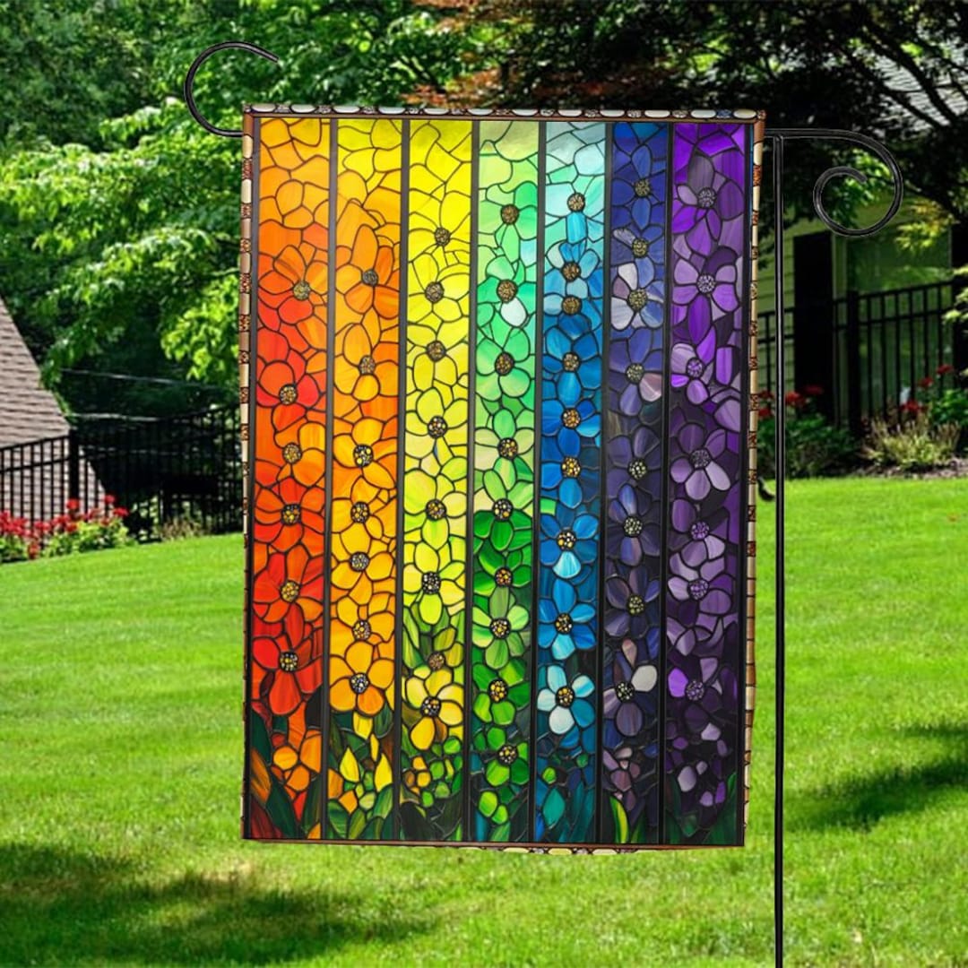 Floral LGBT Stained Glass Art Garden Flag, Rainbow Flower Yard Banner ...