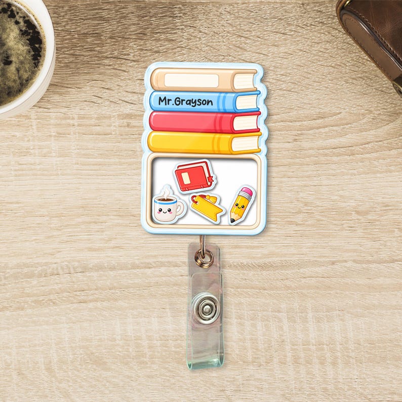 Personalized Book Stack Badge Reel, Custom Teacher Badge Reel, Book ...