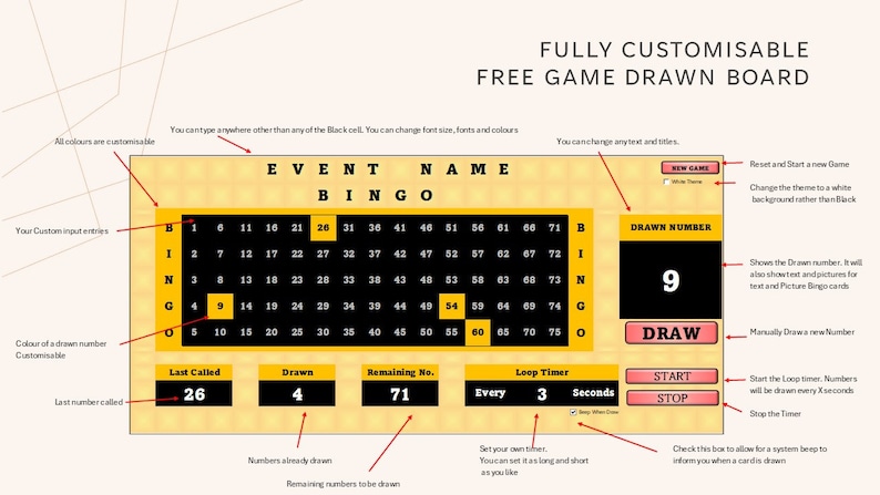 Custom Bingo Excel Template: Unlimited Unique Cards and Draw Board ...