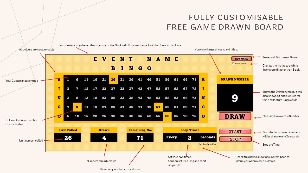Custom Bingo Excel Template: Unlimited Unique Cards and Draw Board ...