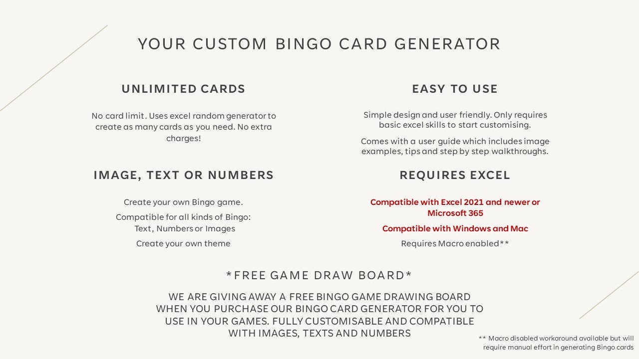 Custom Bingo Excel Template: Unlimited Unique Cards and Draw Board ...