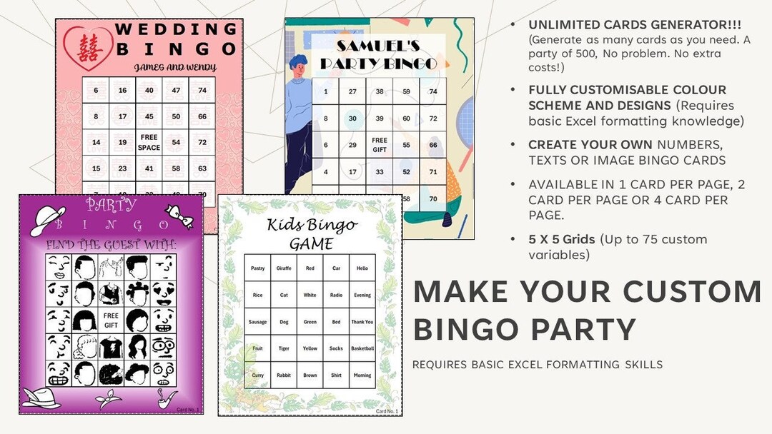 Custom Bingo Excel Template: Unlimited Unique Cards and Draw Board ...