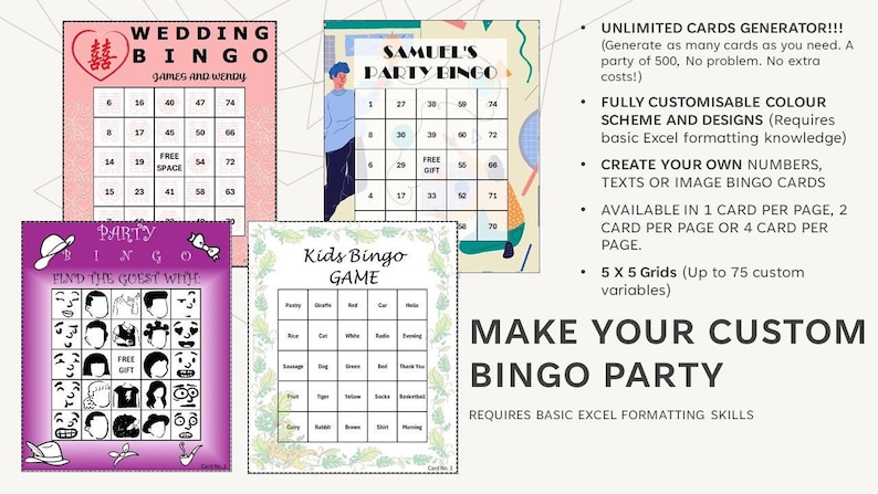 Custom Bingo Excel Template: Unlimited Unique Cards and Draw Board ...