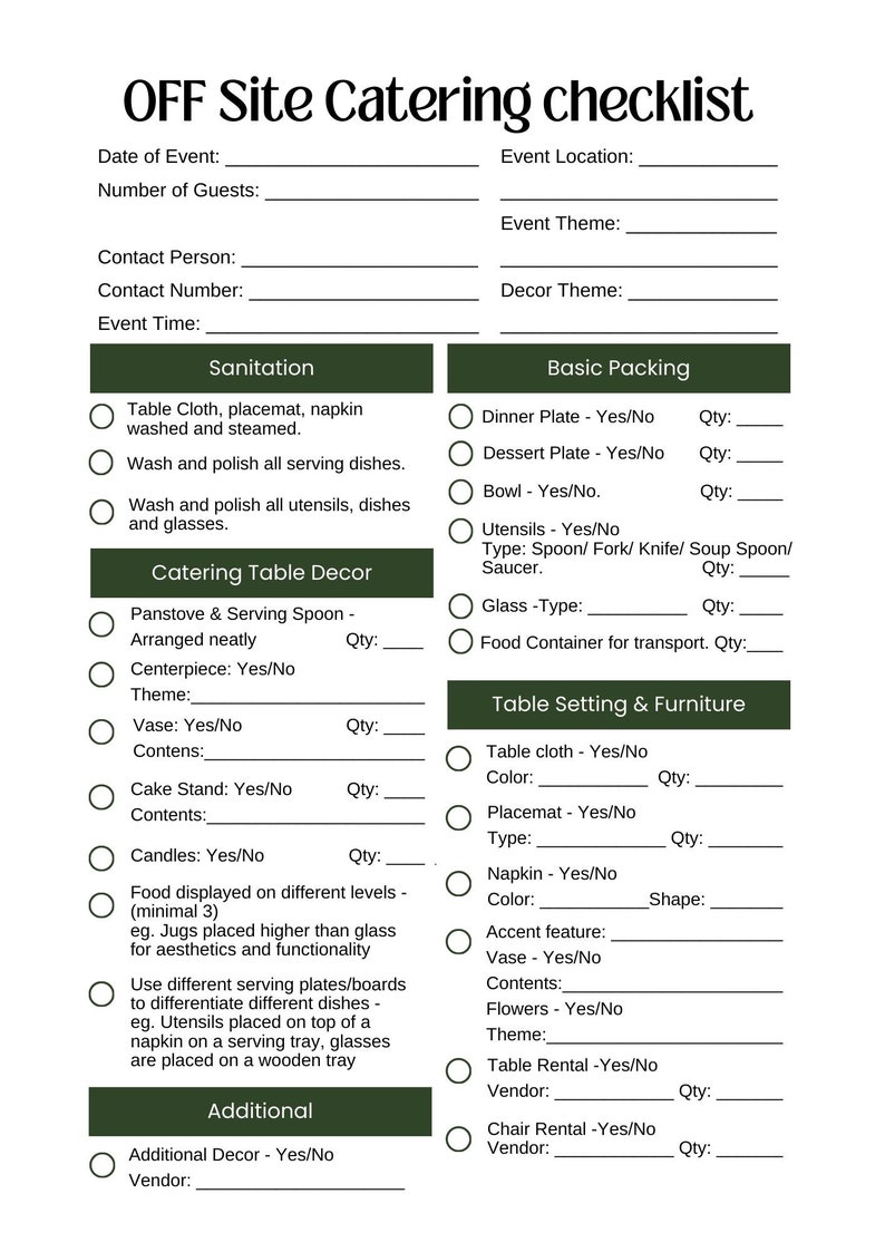 On and off Site Event Catering Checklist - Etsy