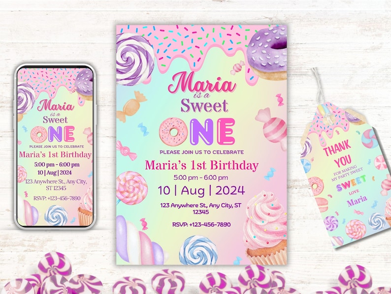Editable Sweet One Birthday Invitation Template Bundle, Welcome Sign ...
