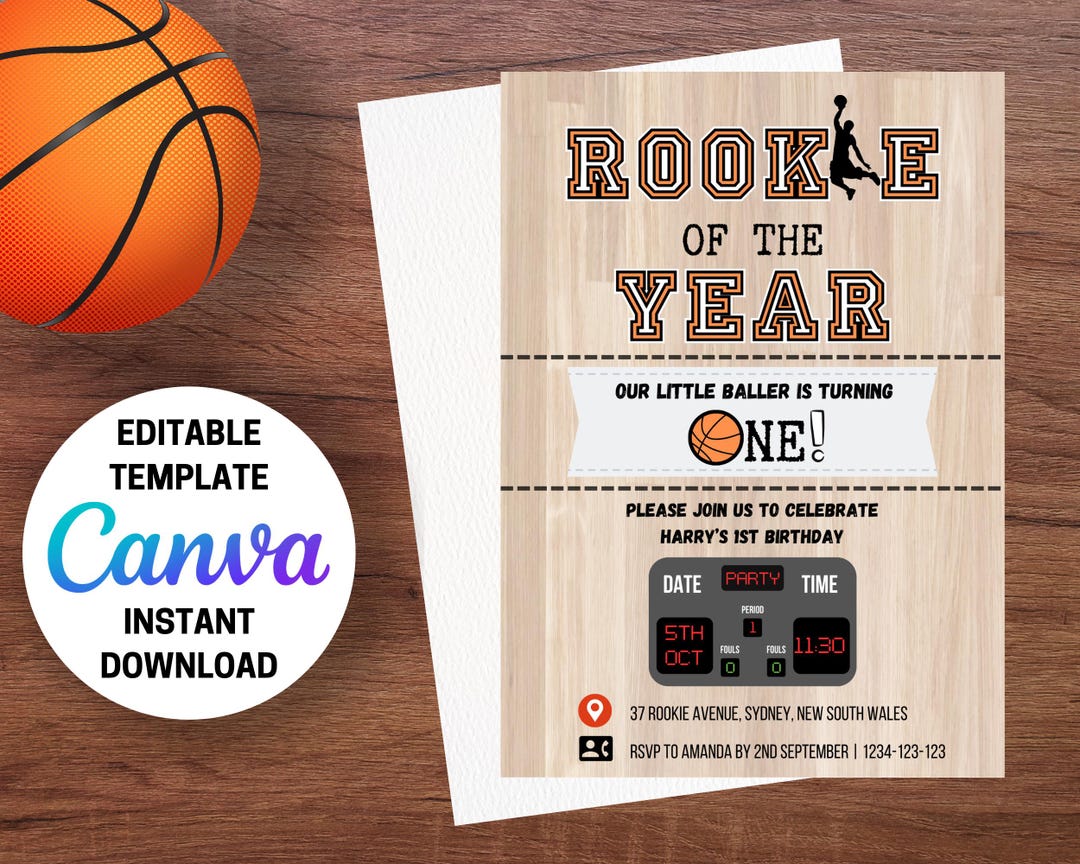 Rookie Year First Birthday, Invitation Template, Basketball Theme Party ...