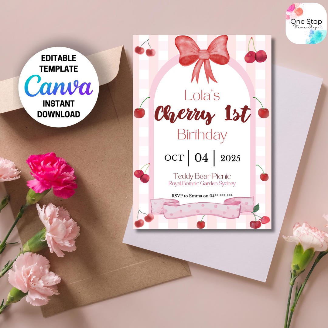 Cherry First Birthday Party Invitation Editable Template Girls 1st ...