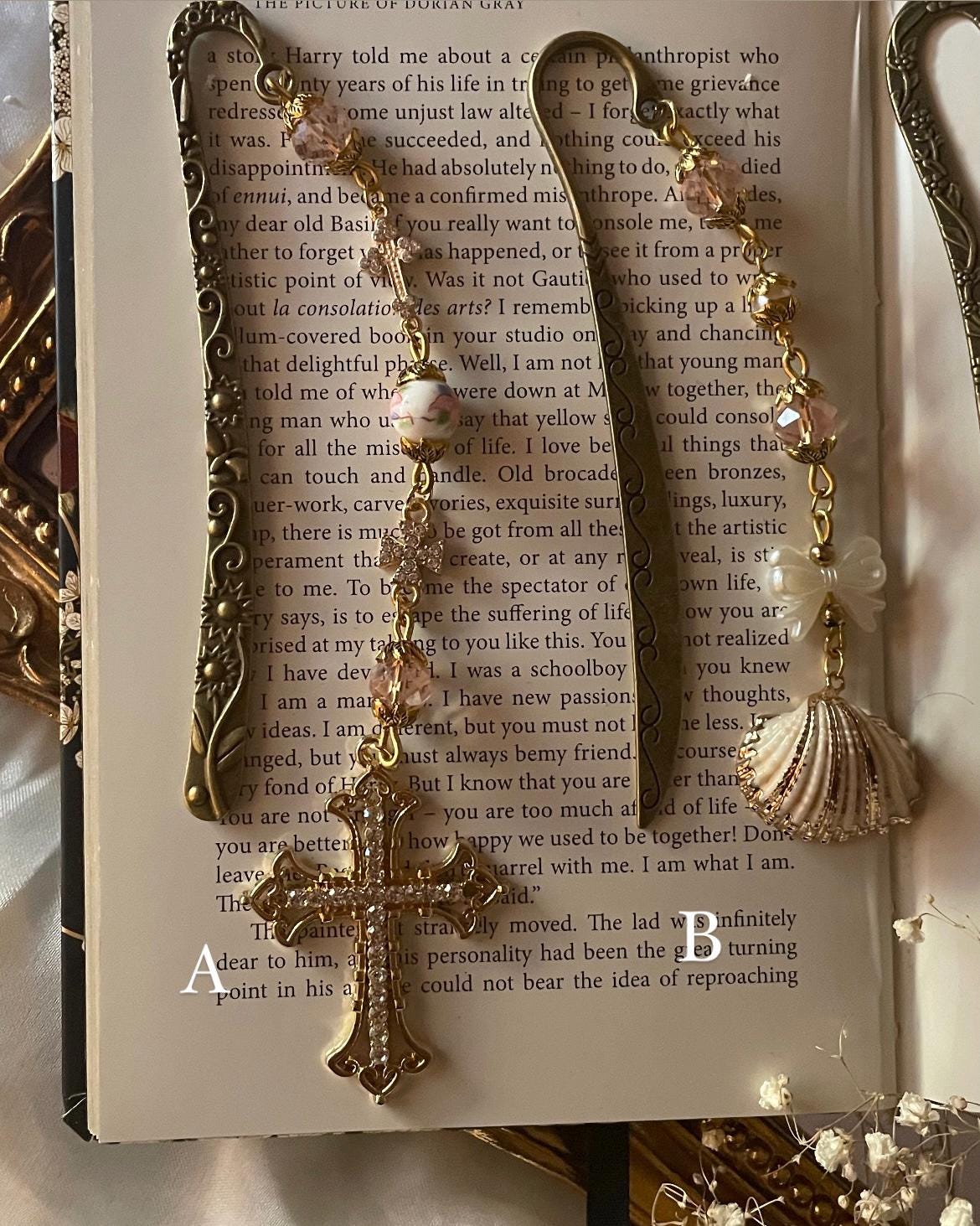 Vintage Bookmarks With Pink Jewels, Gold Crossed and Seashell Charms ...