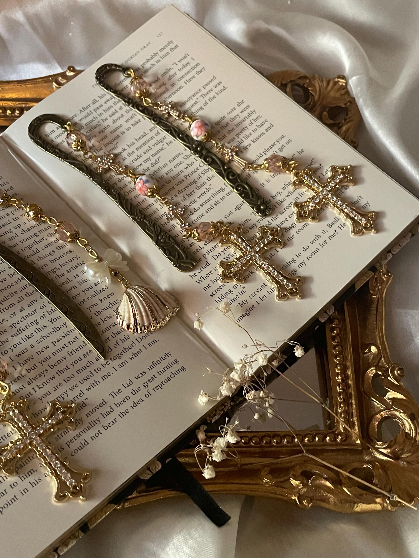 Vintage Bookmarks With Pink Jewels, Gold Crossed and Seashell Charms ...