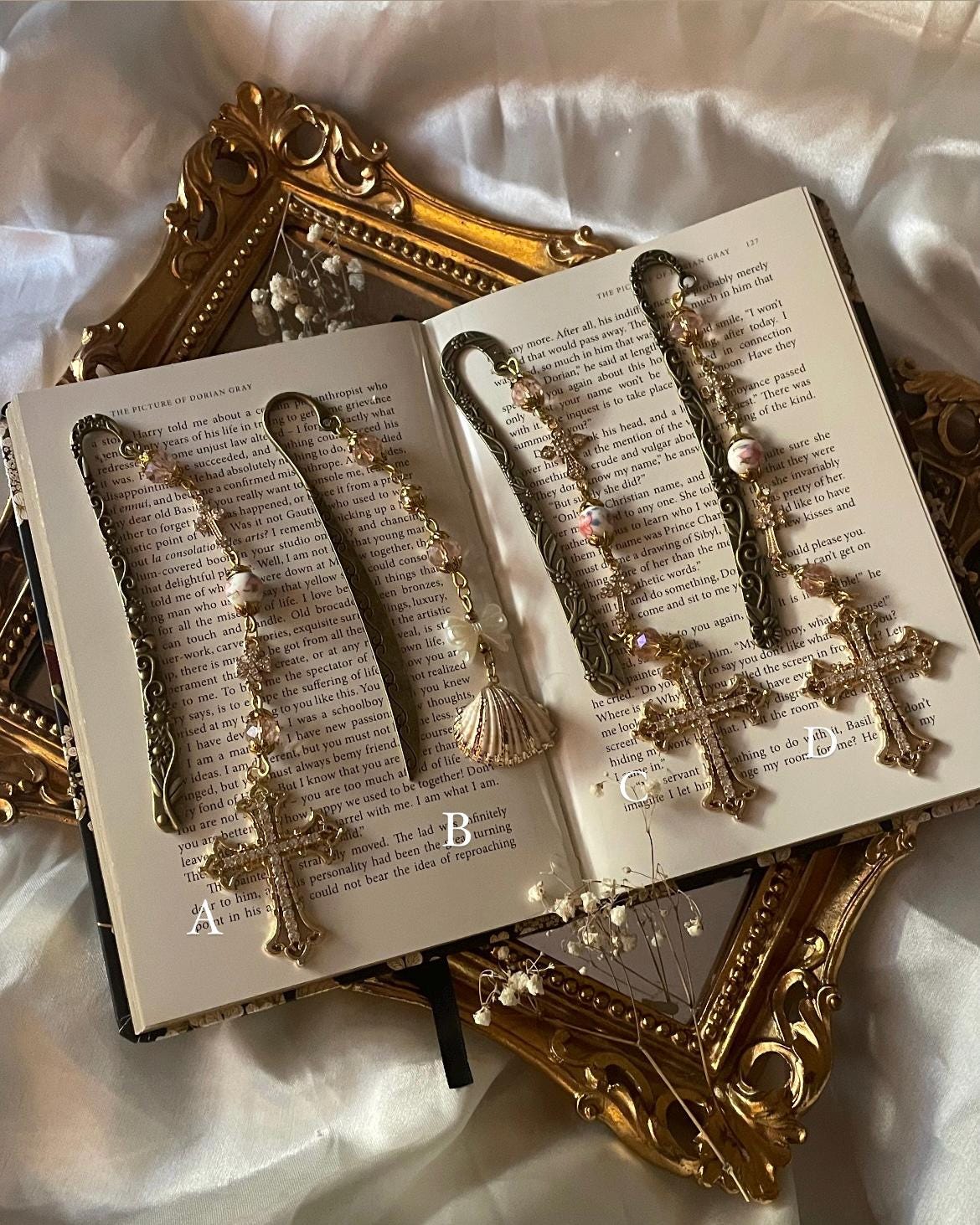 Vintage Bookmarks With Pink Jewels, Gold Crossed and Seashell Charms ...
