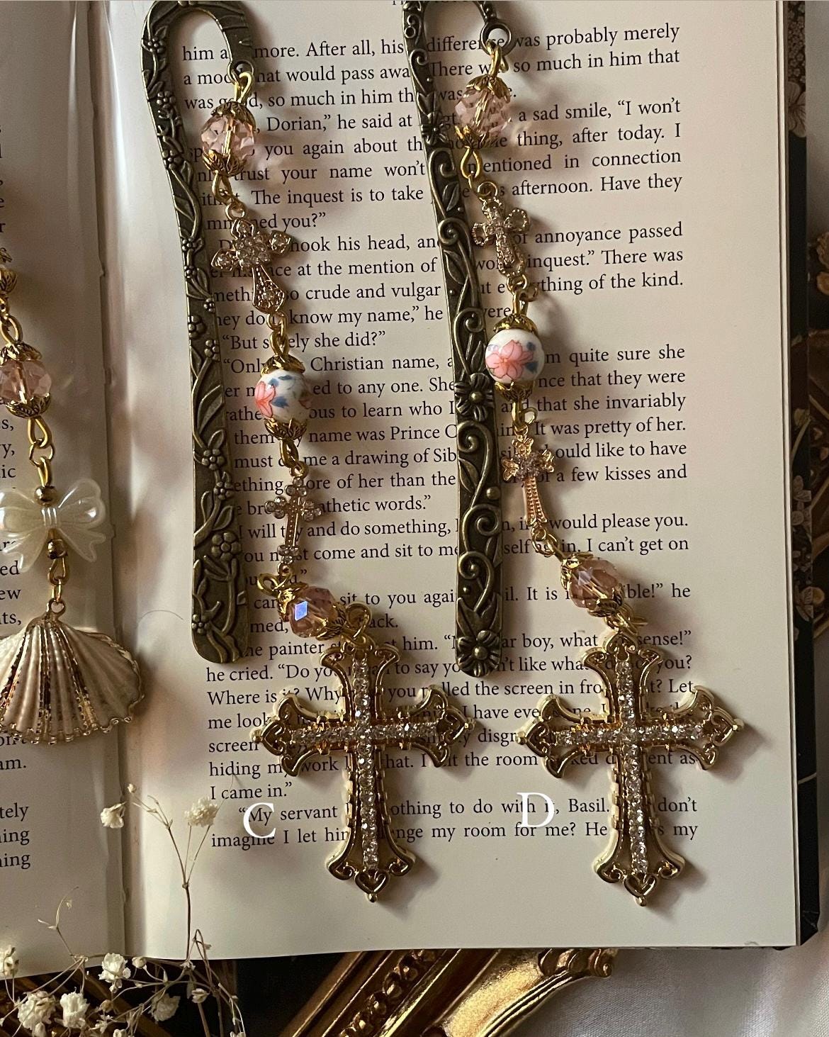 Vintage Bookmarks With Pink Jewels, Gold Crossed and Seashell Charms ...