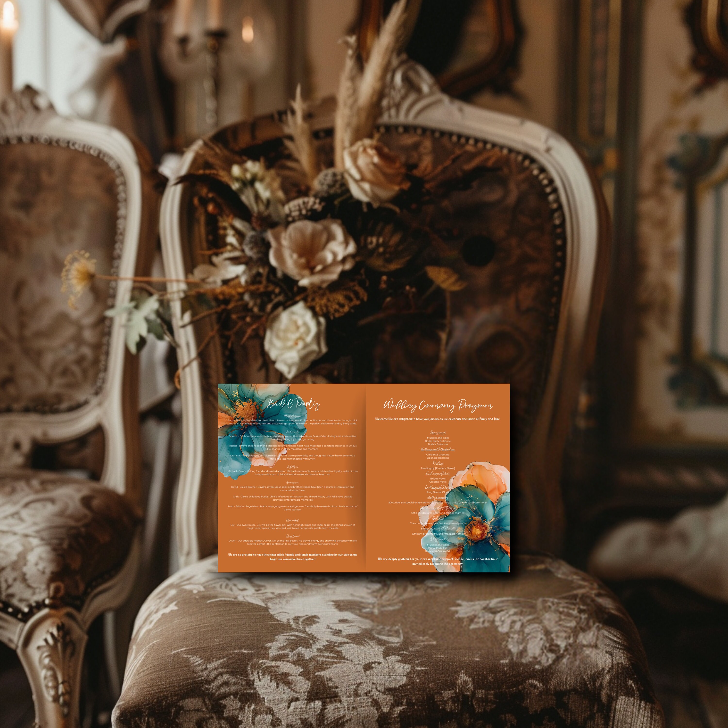 Burnt Orange and Teal Wedding Ceremony Program, Folded 8.5x11, Wedding ...