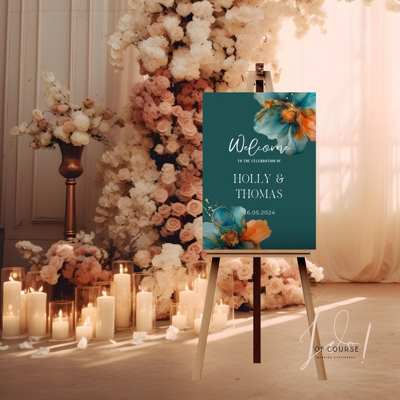Burnt Orange and Teal, Welcome Sign, 24x36", Editable Wedding Ceremony ...