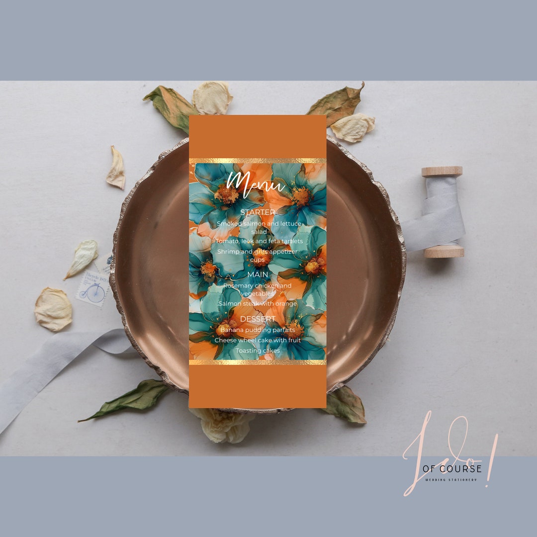 Burnt Orange and Teal Menu, Food & Drink Menu, 4x9, Place Settings ...