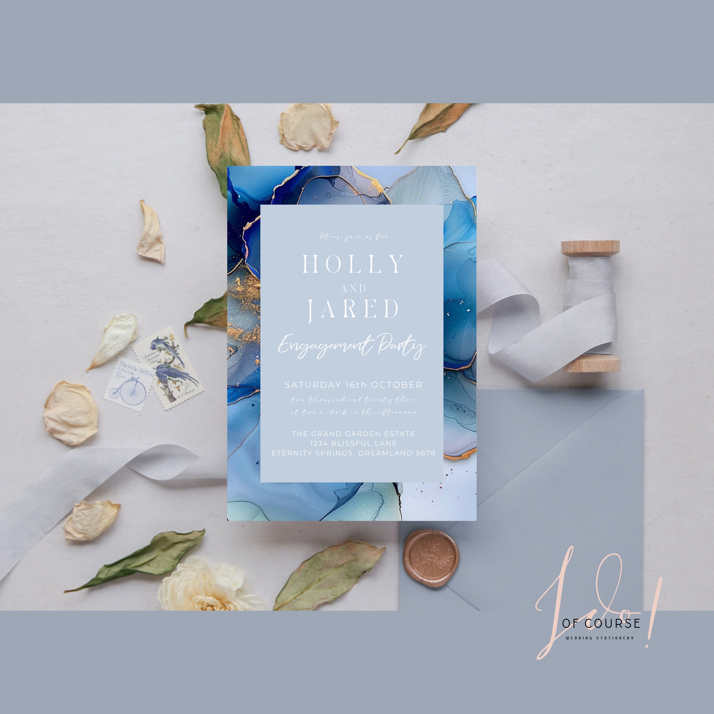 Light Blue Engagement Invitation 5x7 Blues and Gold Solid DIY Printable ...