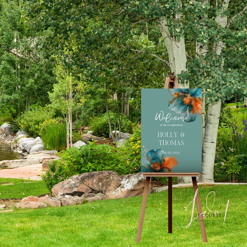 Burnt Orange and Teal, Welcome Sign, 24x36", Editable Wedding Ceremony ...