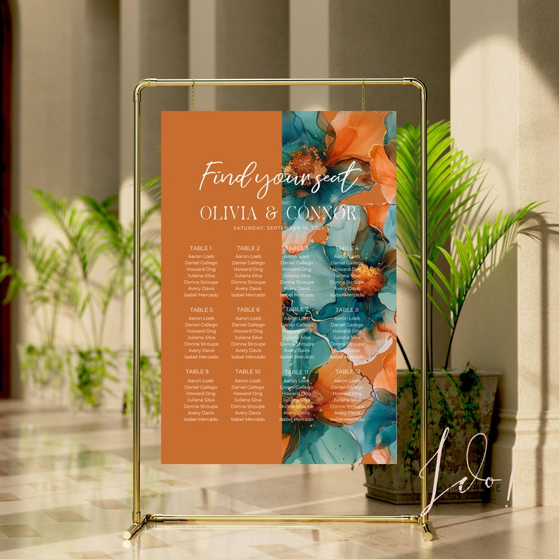 Burnt Orange and Teal 24 X 36seating Chart, Editable Ceremony or ...
