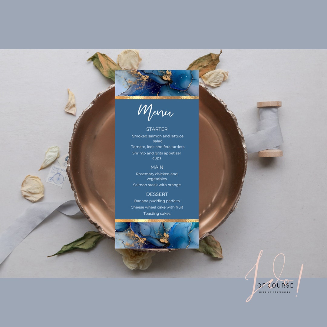 Blue and Gold Food and Drink Menu 4x9 Custom Colour Pallet Slim Design ...