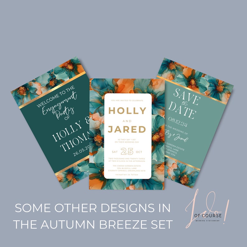 Burnt Orange and Teal Wedding Invitations, 5x7, Easily Customised for ...