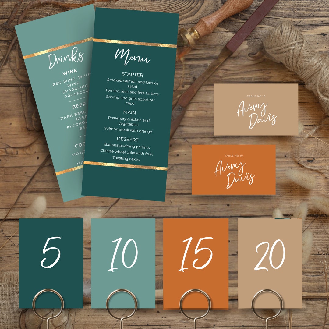Food and Drink Menus, Table Numbers, Place Cards, Name Cards, Matching ...
