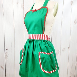 CHRISTMAS Apron With Candy Cane Stripe Trim, Womens Full Apron in Green ...