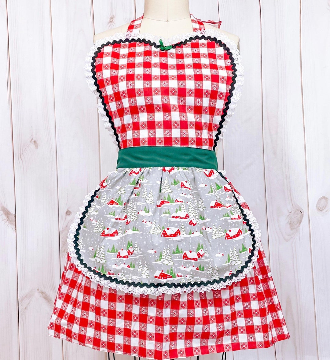 Christmas Apron, Mid Century Modern Christmas Apron, Red Gingham, Retro ...