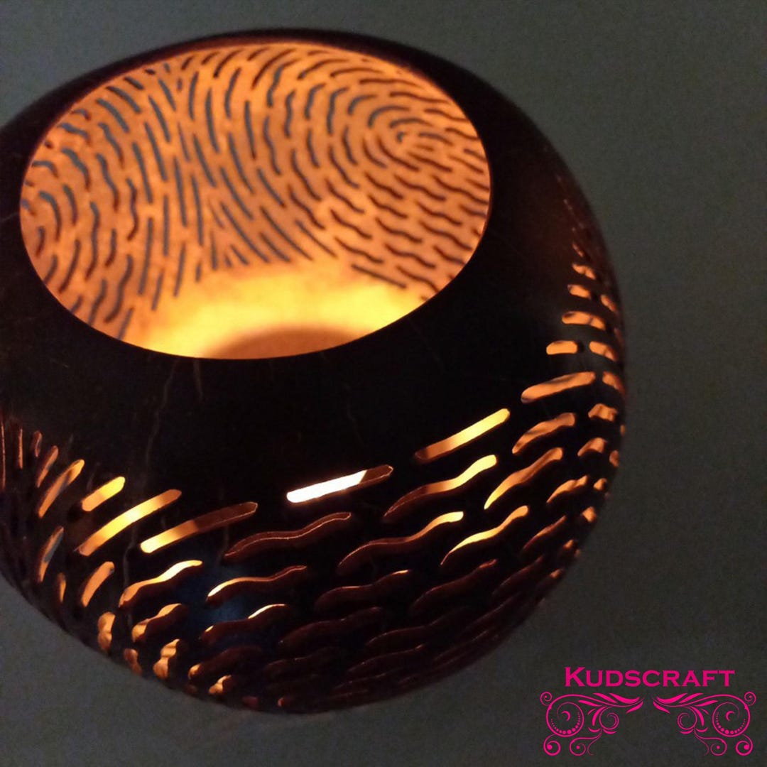 Sustainable Coconut Shell Candle Holder Elegant Striped Pattern With ...