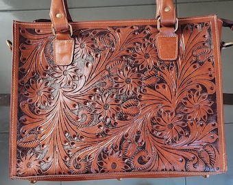 Hand Tooled Leather Tote Bag, Tooled Leather Tote, Hand Carved Leather ...