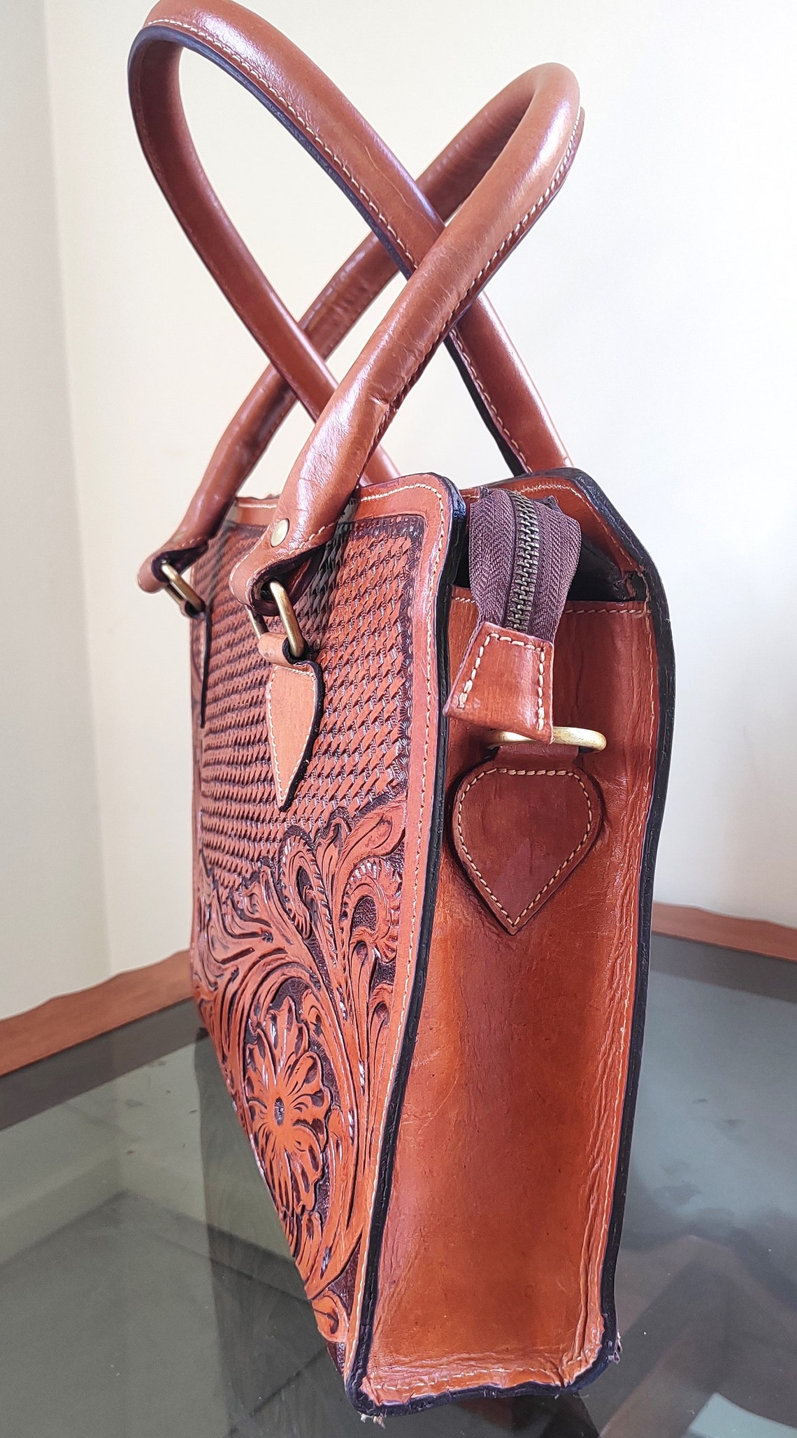 Hand Tooled Leather Tote Bag, Tooled Leather Tote, Hand Carved Leather ...