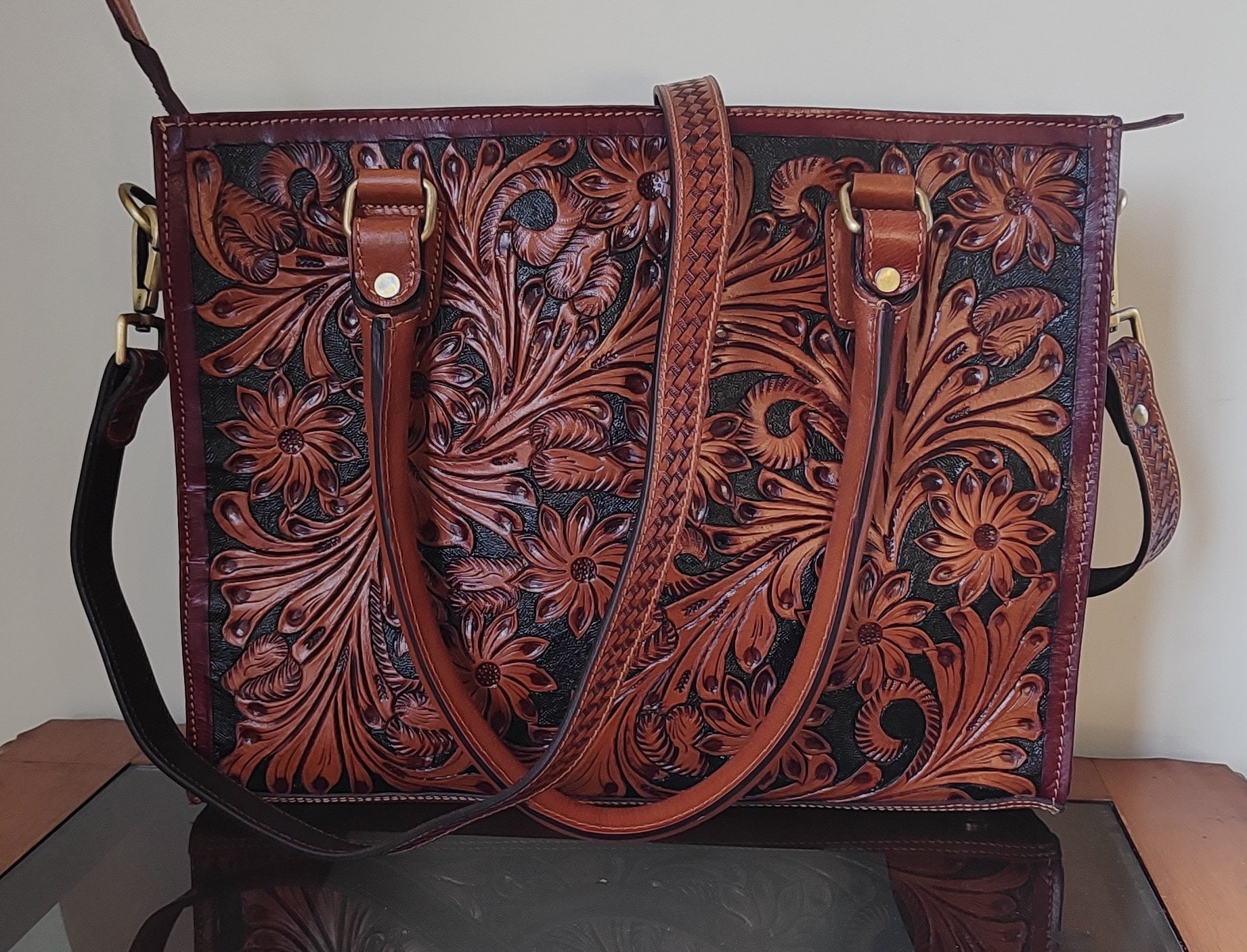 Hand Tooled Leather Tote Bag, Tooled Leather Tote, Hand Carved Leather ...