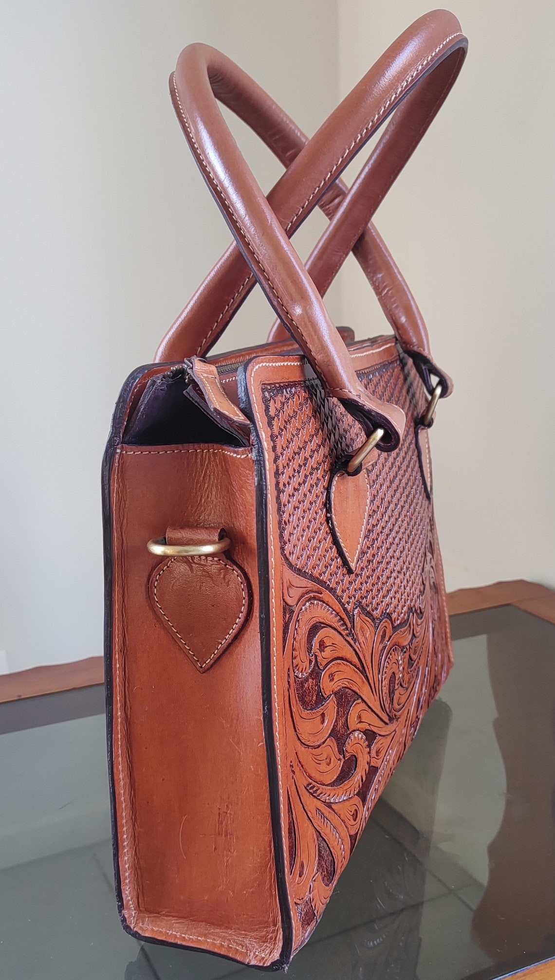 Hand Tooled Leather Tote Bag, Tooled Leather Tote, Hand Carved Leather ...
