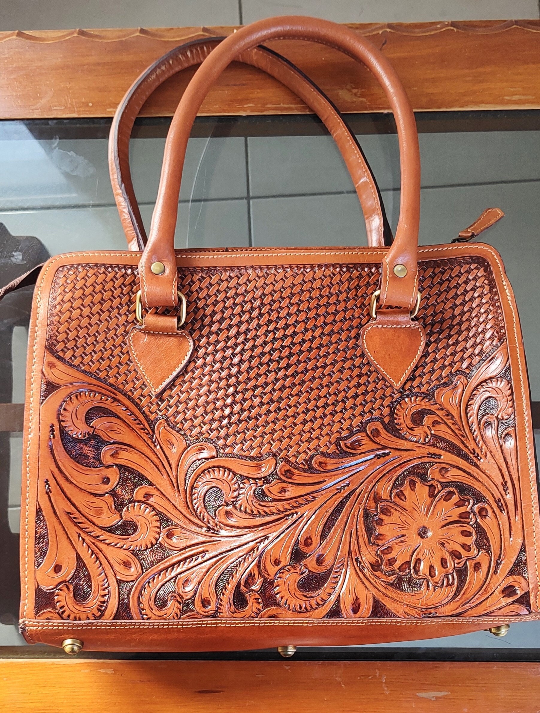 Hand Tooled Leather Tote Bag, Tooled Leather Tote, Hand Carved Leather ...