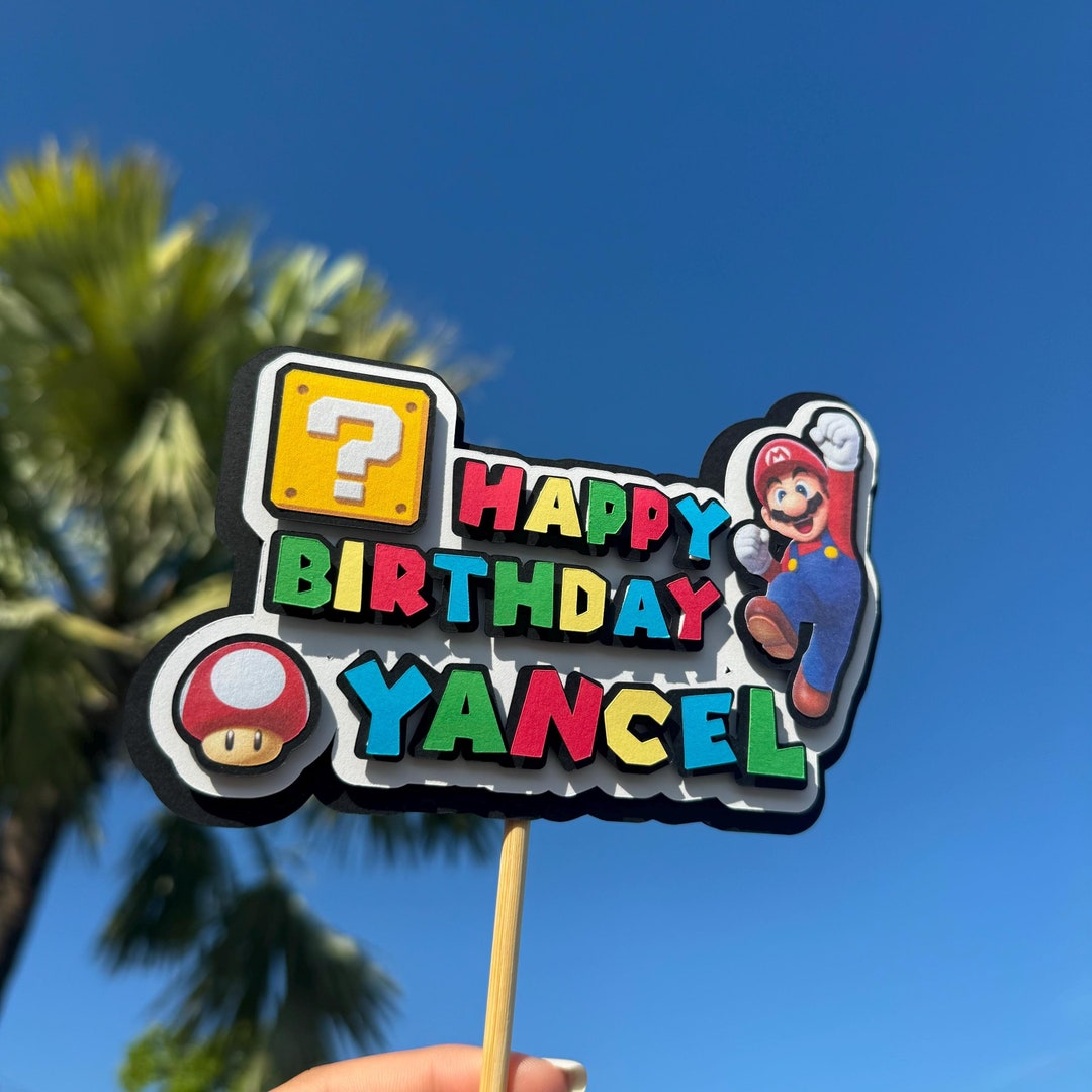 Mario Bros Cake Topper, Mario Theme Birthday Decoration, Custom Name ...
