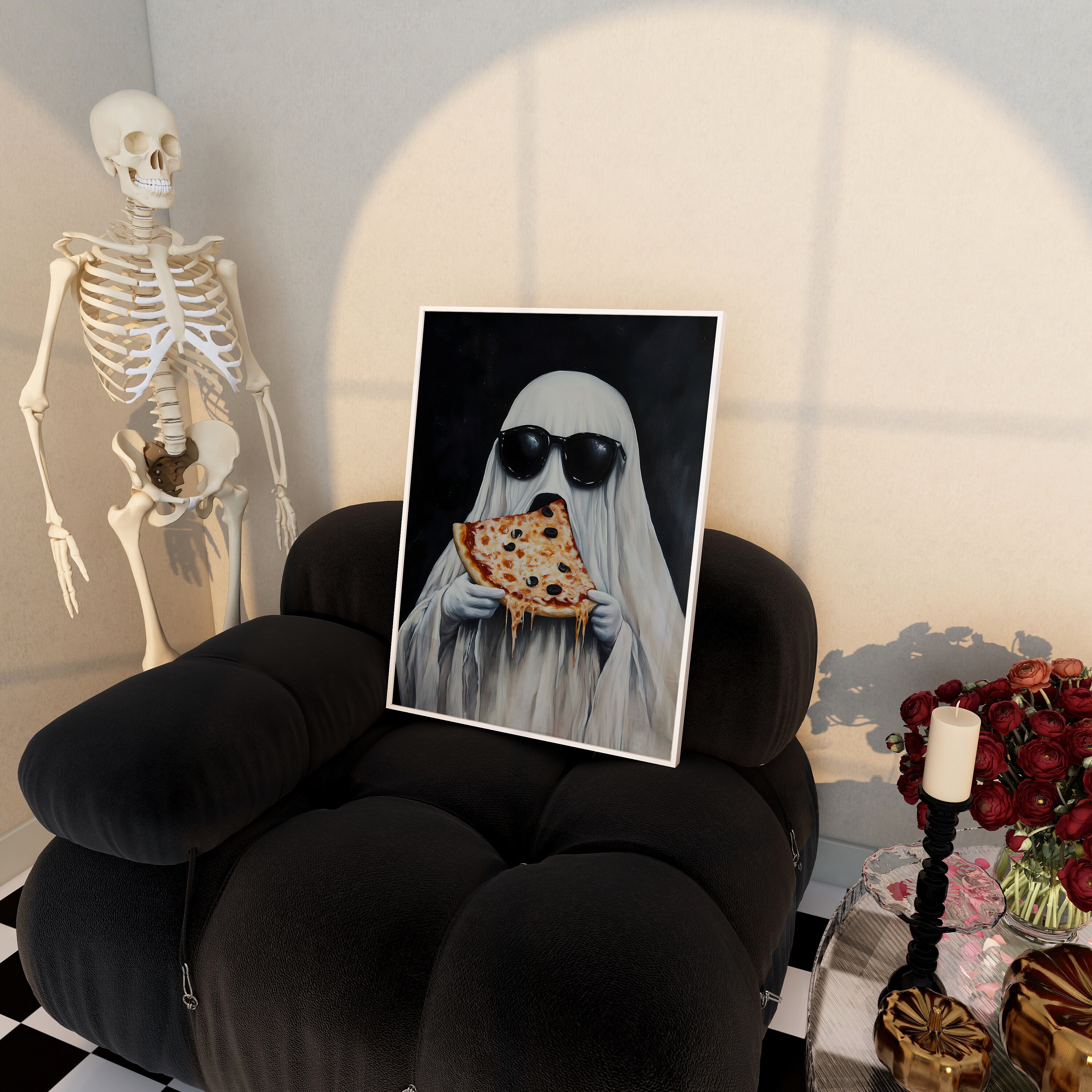 Cool Ghost Eating Pizza Print, Spooky Halloween Wall Art, Funny Cafe ...