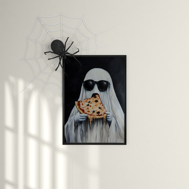 Cool Ghost Eating Pizza Print, Spooky Halloween Wall Art, Funny Cafe ...