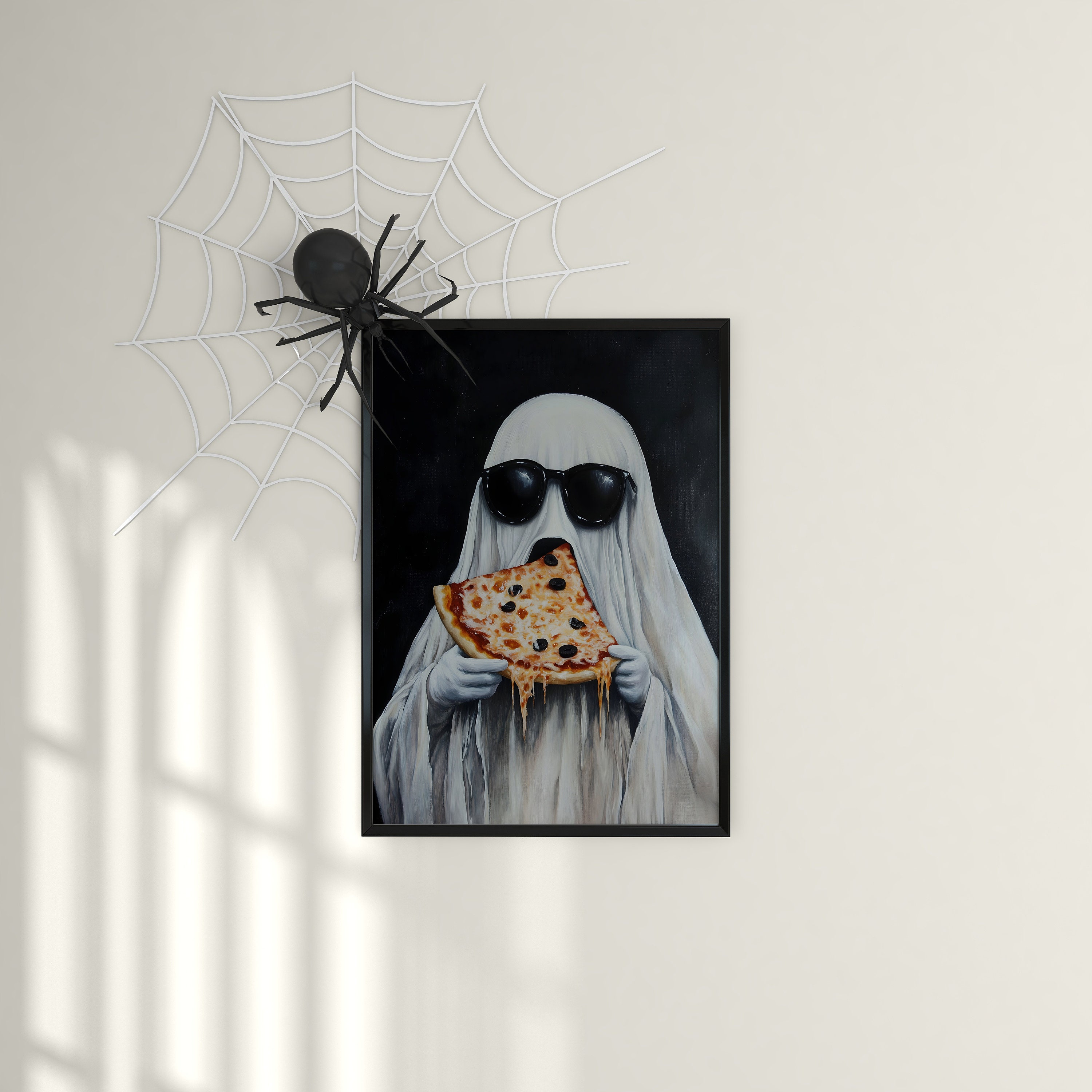 Cool Ghost Eating Pizza Print, Spooky Halloween Wall Art, Funny Cafe ...