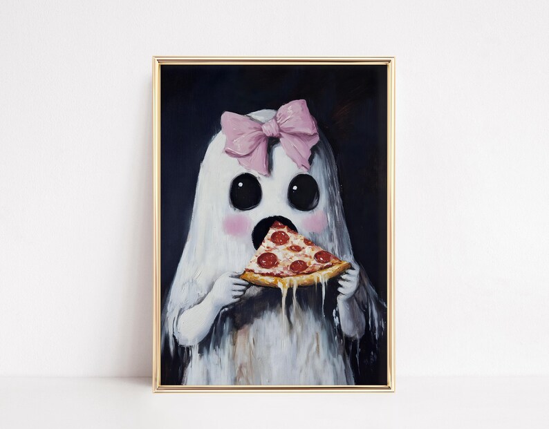 Cute Ghost Eating Pizza Art Print, Girly Halloween Decor (digital ...