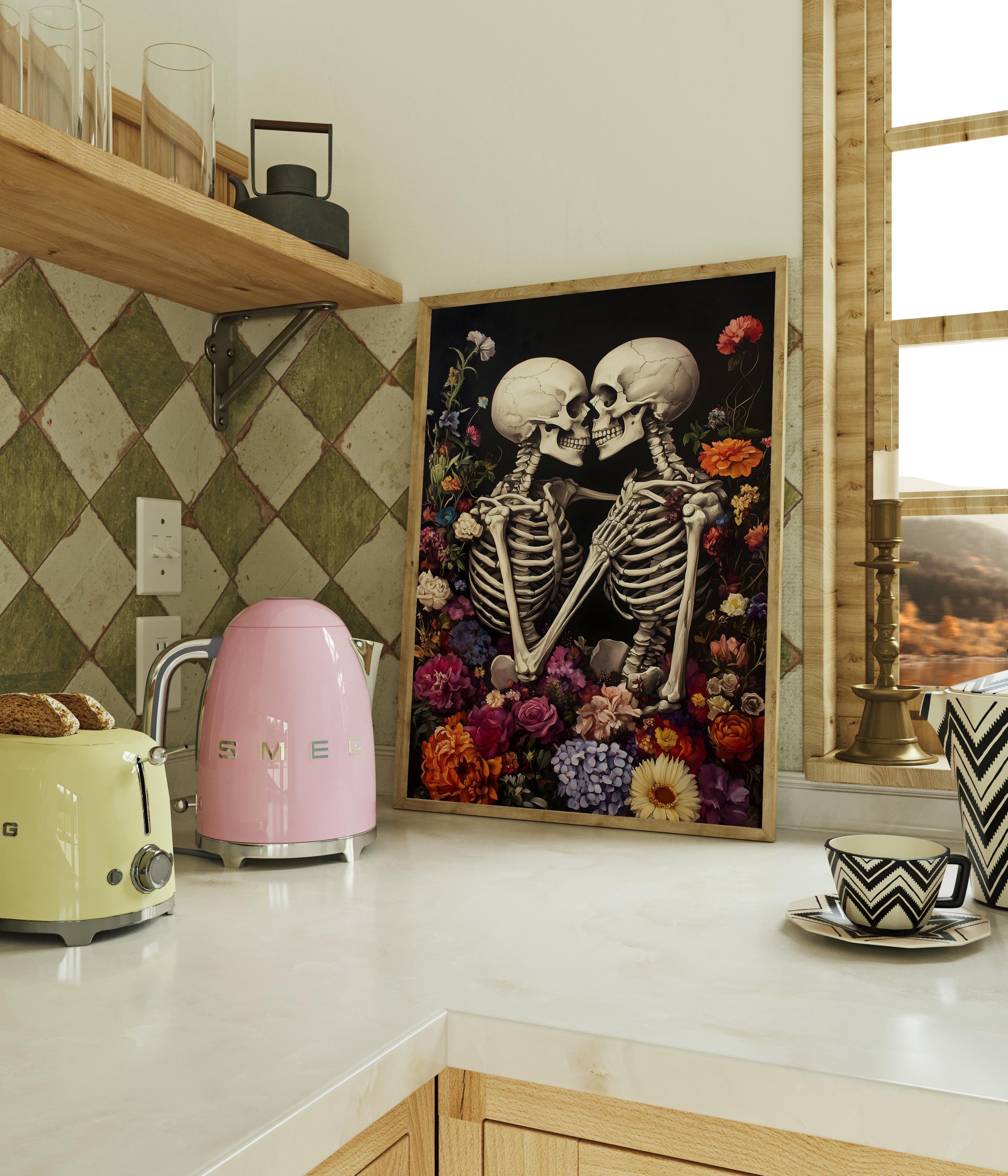 Two Skeletons Kissing in Flowers, Scary Halloween Wall Art, Halloween ...