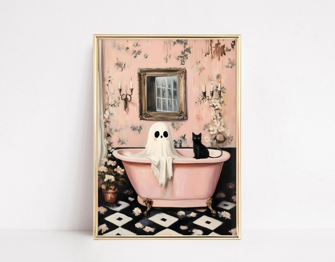 Halloween Bathroom Wall Art - Cute Ghost With Cat Bathroom Print ...